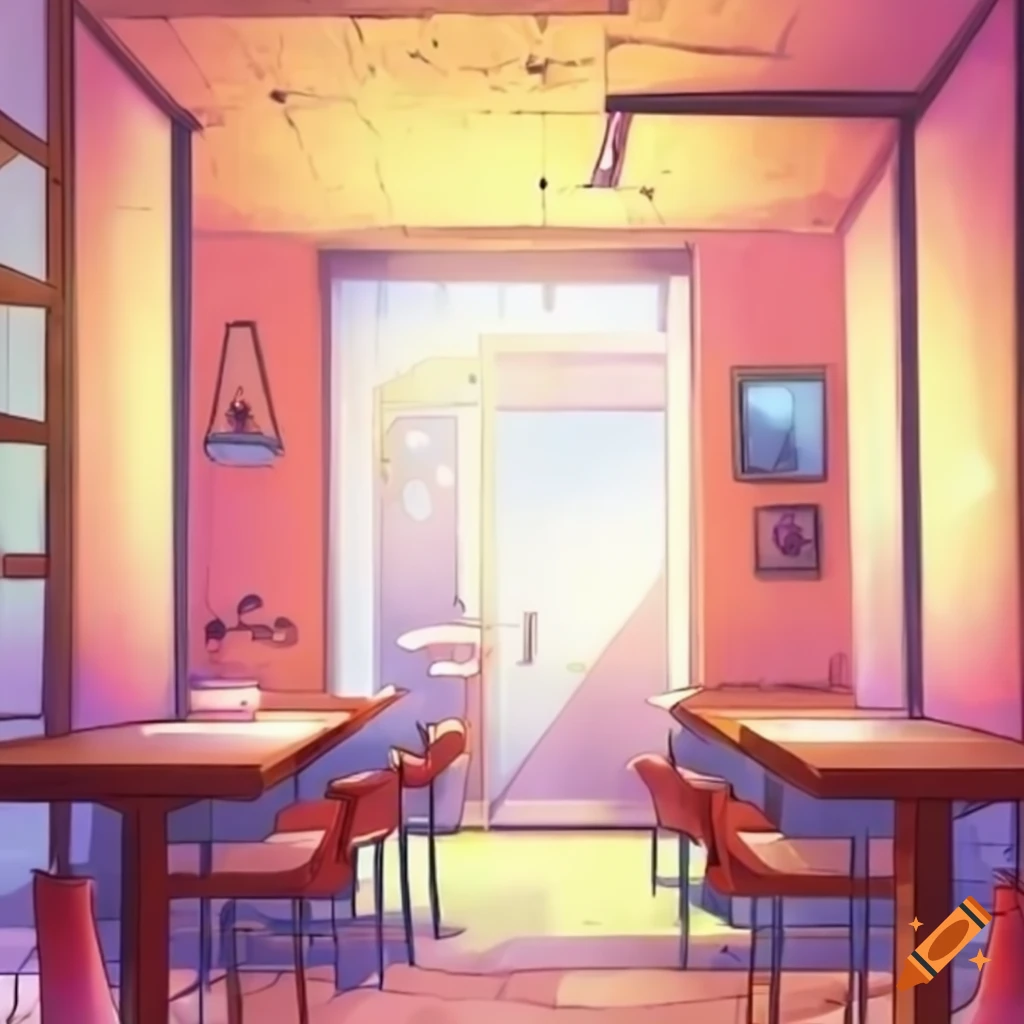 Anime-style bright cafe interior with tables and kitchen door on Craiyon