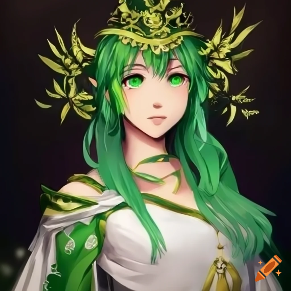 Anime character with vibrant green hair in a white tunic and laurel ...