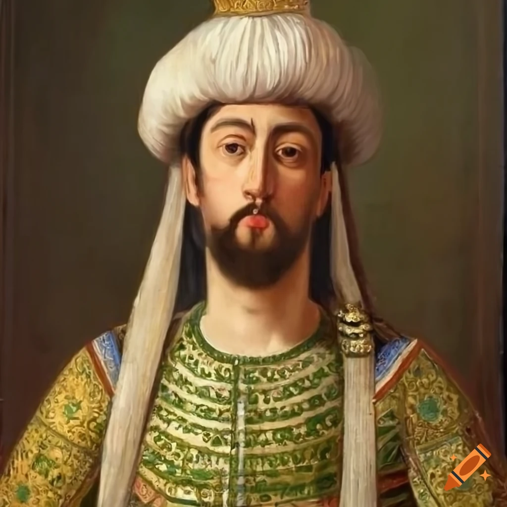 Oil painting of a medieval Persian king in regal attire on Craiyon
