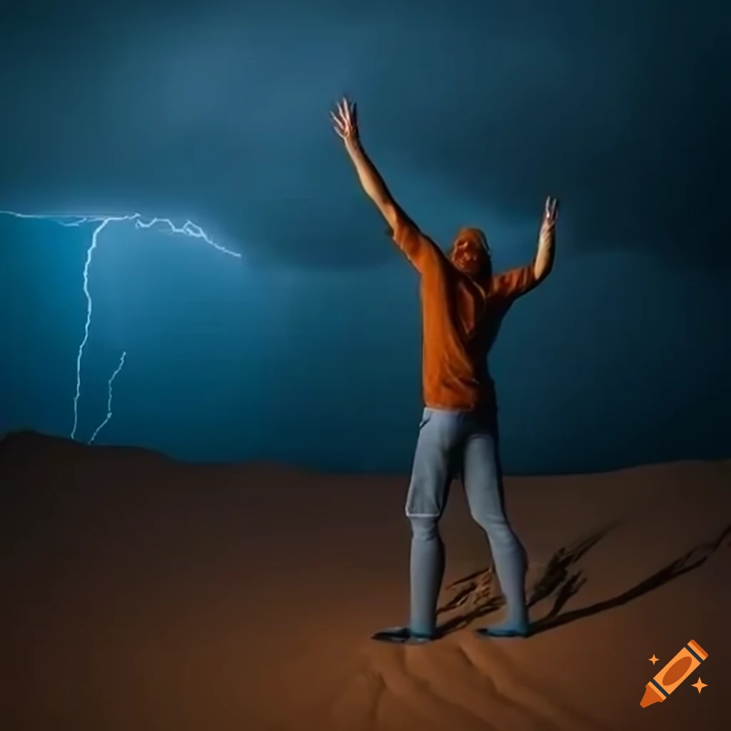 Person reaching up to touch rain in the desert during a storm on Craiyon