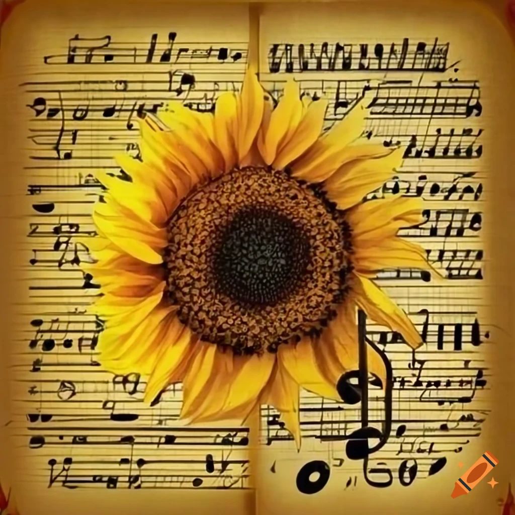 Sunflower themed sheet music on yellowed parchment on Craiyon