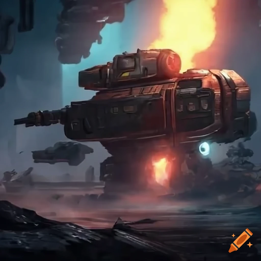 Sci-fi hover dread tank in battle with explosions on Craiyon