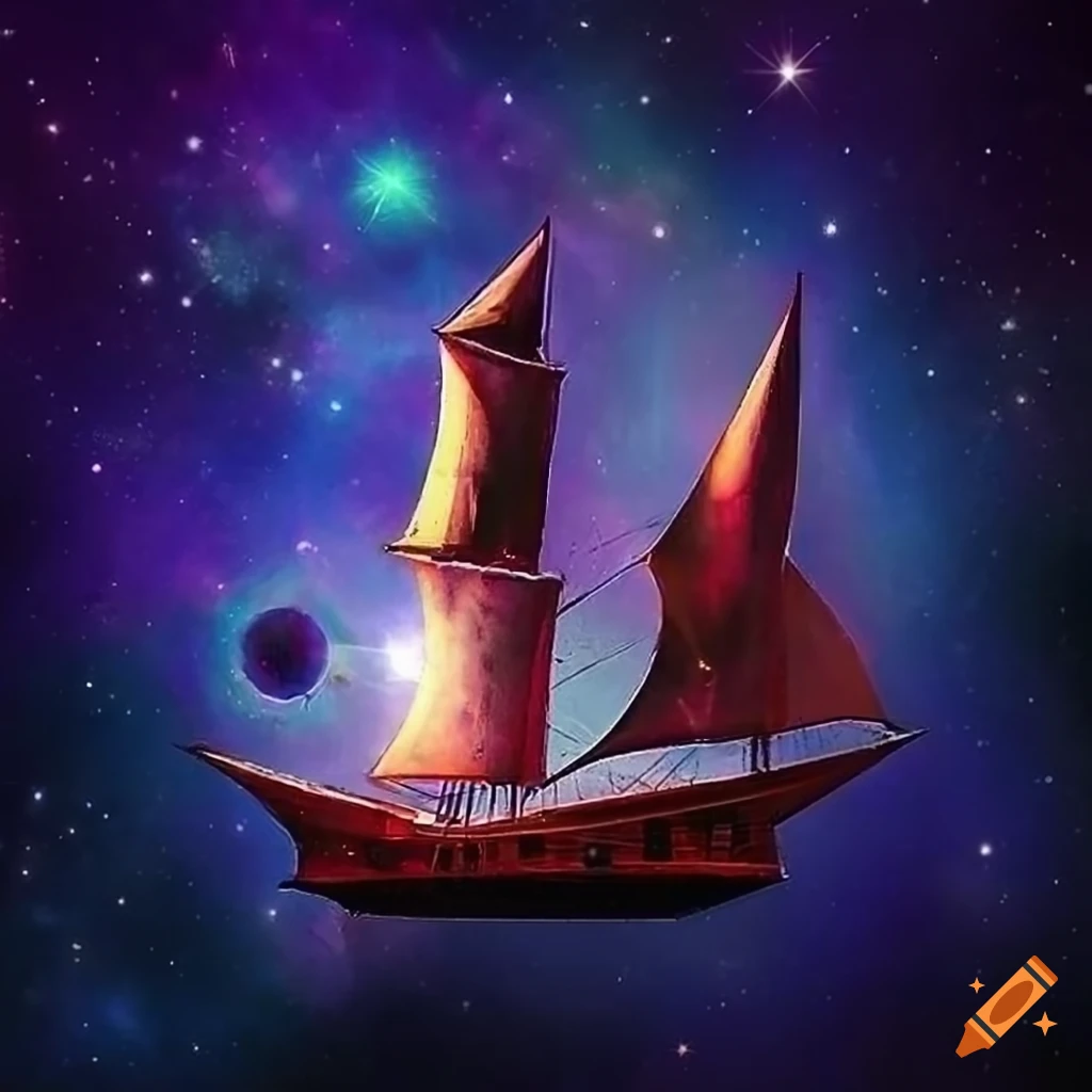 Sailing vessel in space with stars and planets in a surreal psychedelic scene on Craiyon