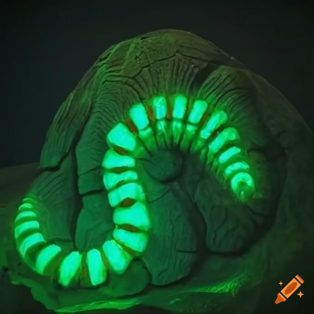 Intricately carved stone sculpture of a glowing green centipede on Craiyon