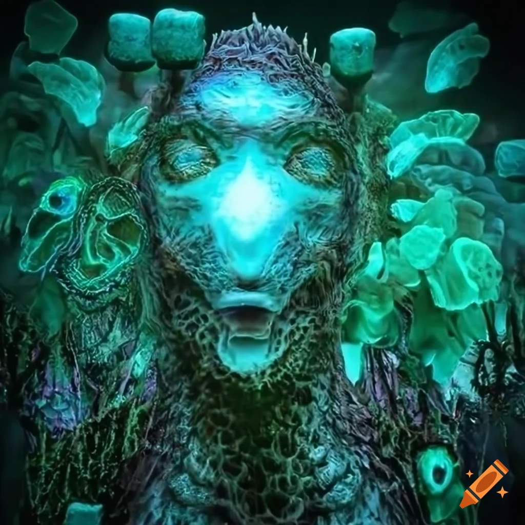 Biopunk cityscape with green moss, plants, mushrooms, and cyborg ...