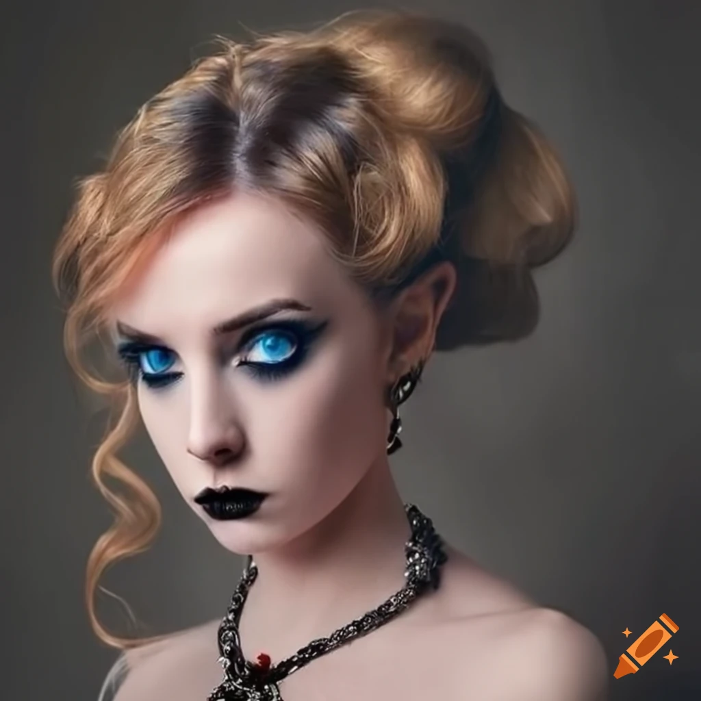 Elegant goth woman in her thirties with striking blue eyes and wavy ...