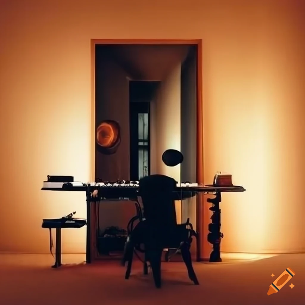 Home studio in montpellier with kris rainer composing music on Craiyon