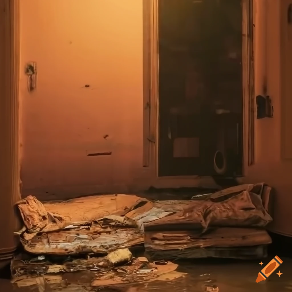 Close-up of a destroyed couch in a flooded crumbling brick doorway with ...