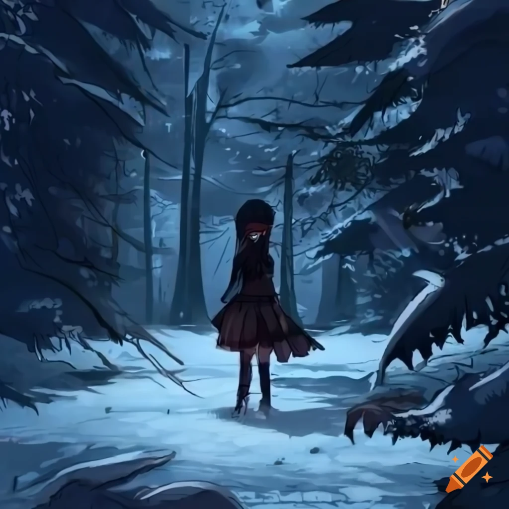 Scared anime girl with black hair and shotgun in a snowy forest with a ...