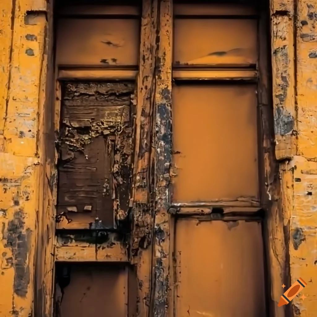 Close-up of flooded crumbling door with sinking buildings in golden ...