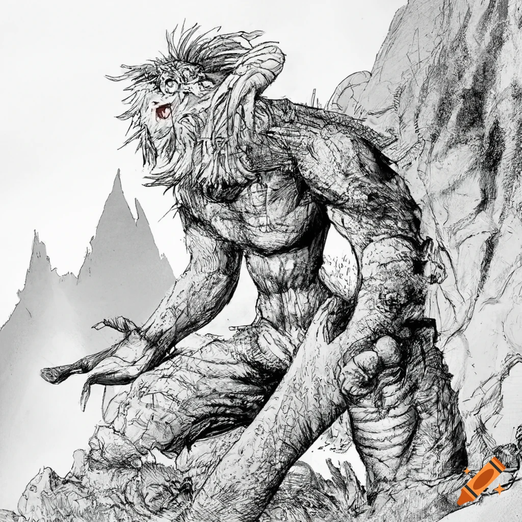 Monster warrior with one eye and sword in the mountains, illustrated by ...