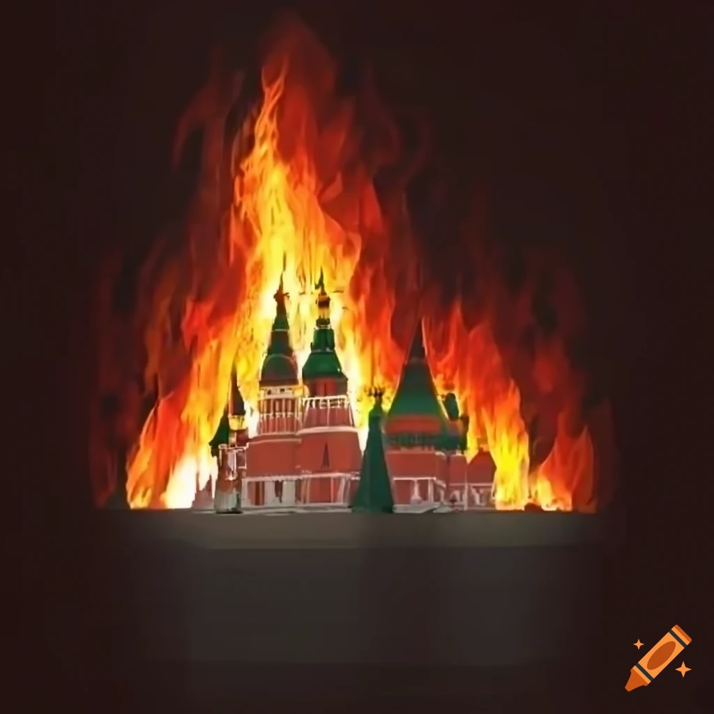 Kremlin engulfed in flames depicted in low poly style on Craiyon