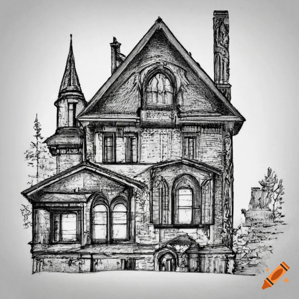 Architectural drawing of a Gothic style house on Craiyon