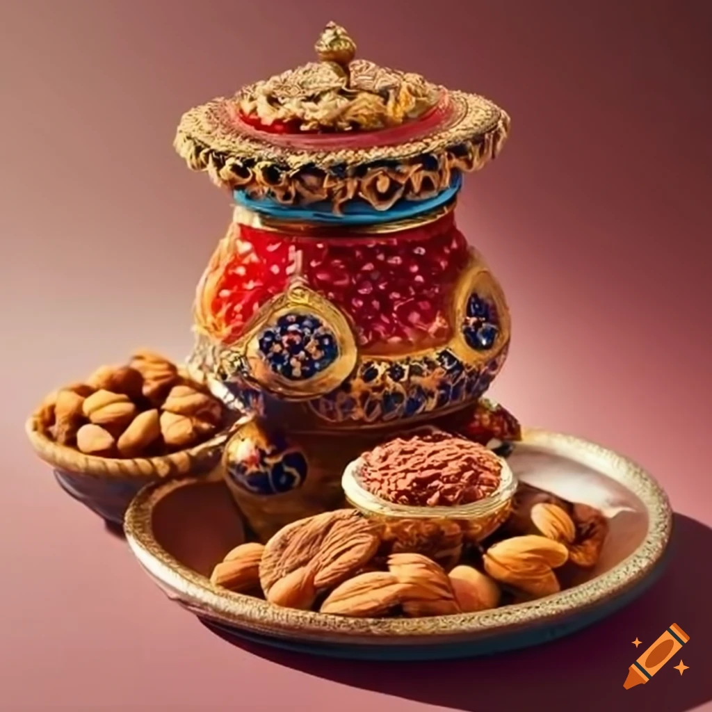 Royal persian dried fruits and nuts in traditional containers with ...