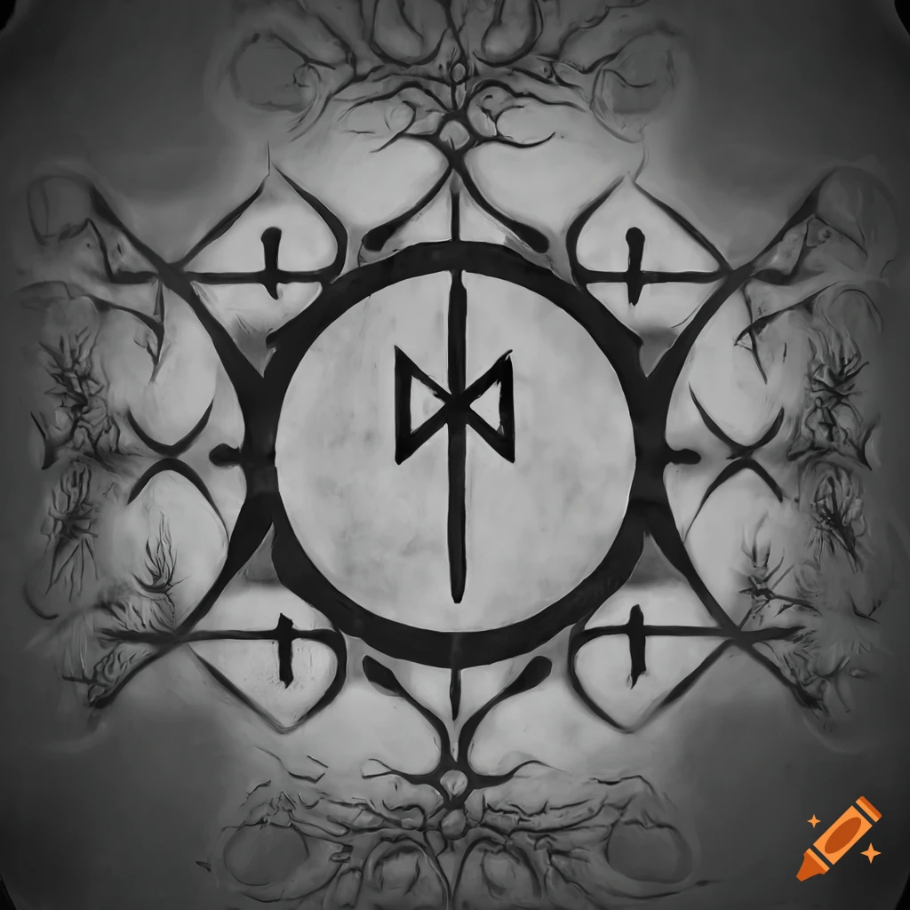 Black and white stencil of rune with tree roots on Craiyon