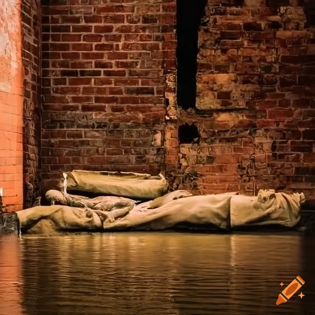 Destroyed couch in flooded doorway with sinking buildings in a glowing ...