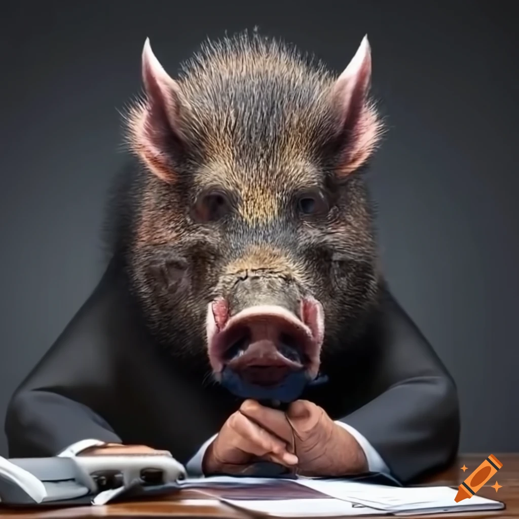 Boar in a suit working at an office desk on Craiyon