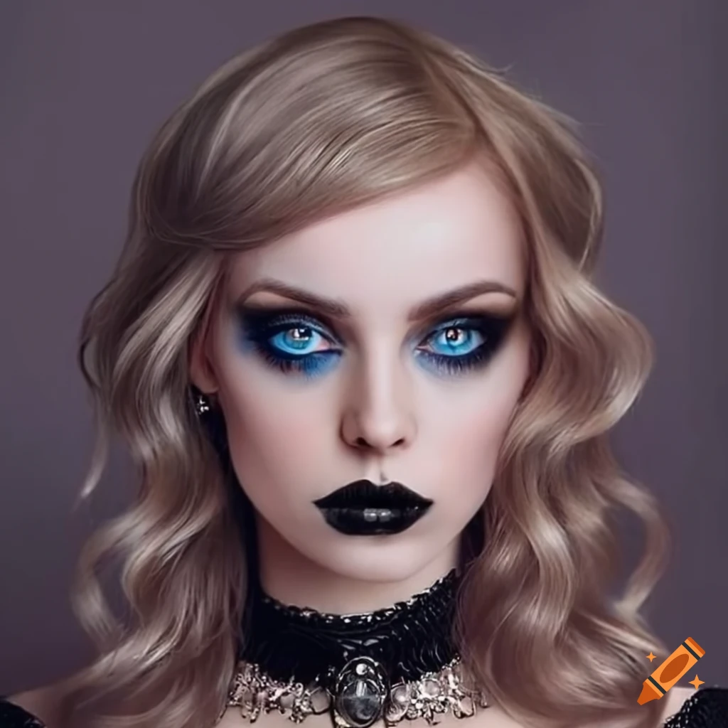 Captivating goth woman with rich complexion, blue eyes, and wavy golden ...