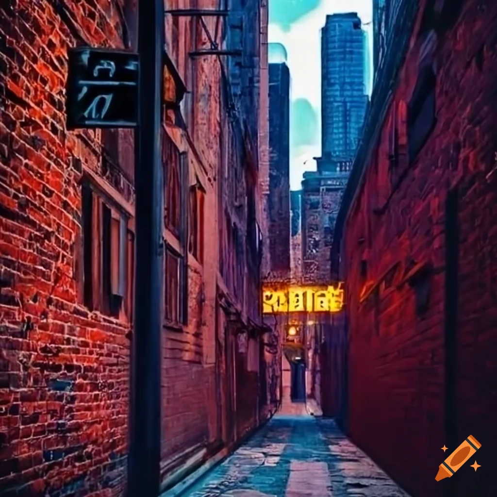 City alleyway from the 1930s with neon signs and brick walls on Craiyon