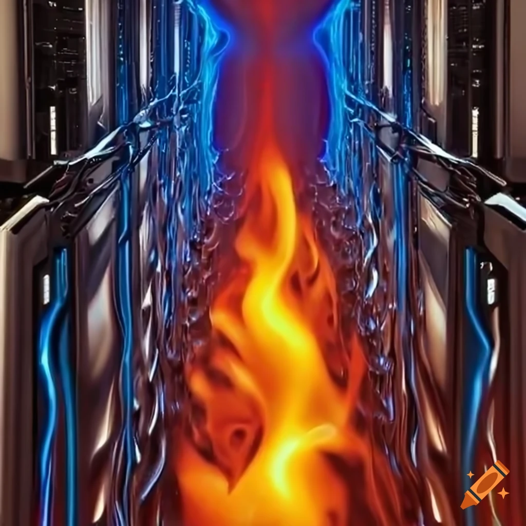 Supercomputer rack with fluid flow and surreal flame effect on Craiyon