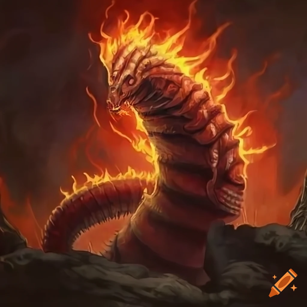 Large fire worm creature in a fantasy art style on Craiyon