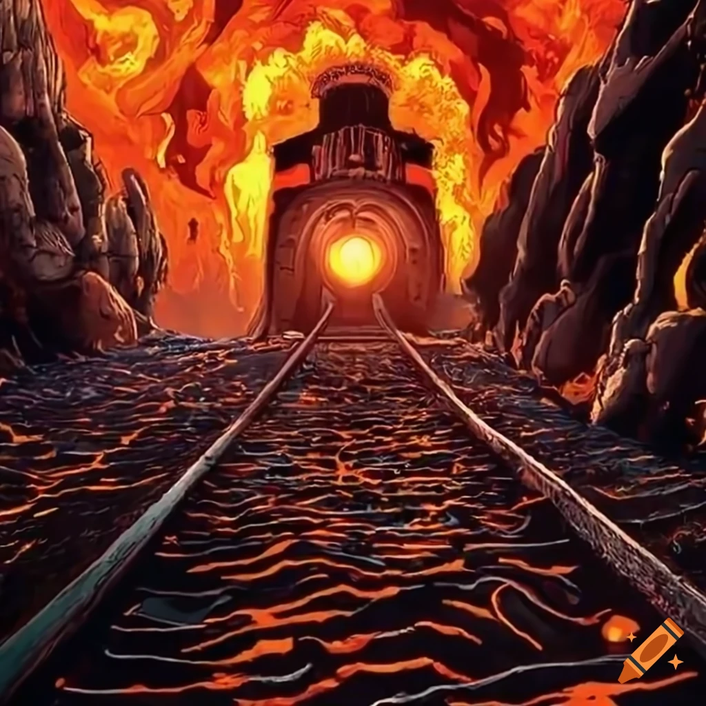 Colossal european ancient train on lava in anime style on Craiyon