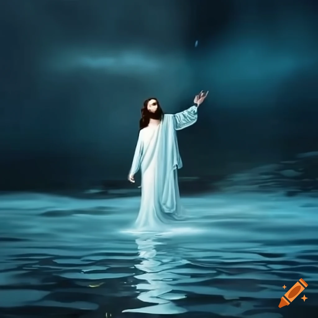 Jesus walking on water in a religious depiction on Craiyon