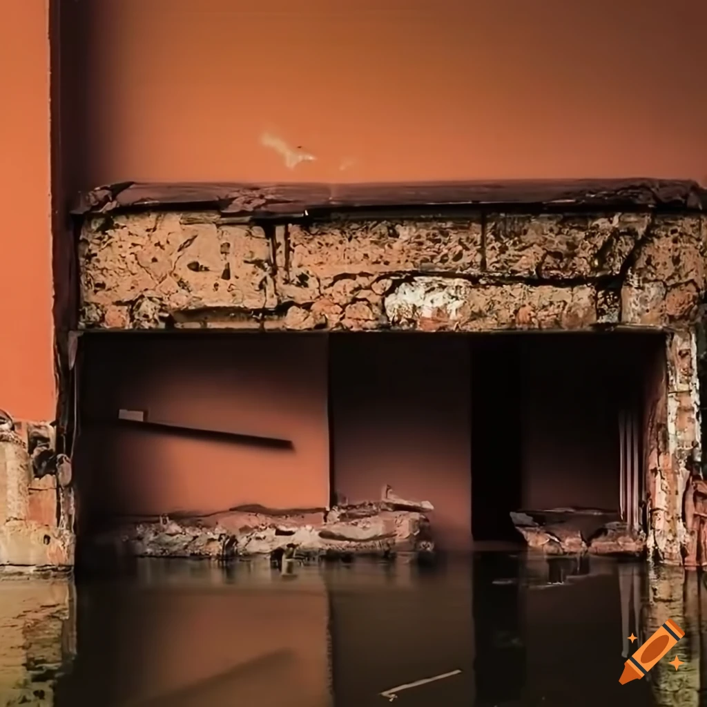 Destroyed couch in flooded brick doorway with sinking buildings in ...