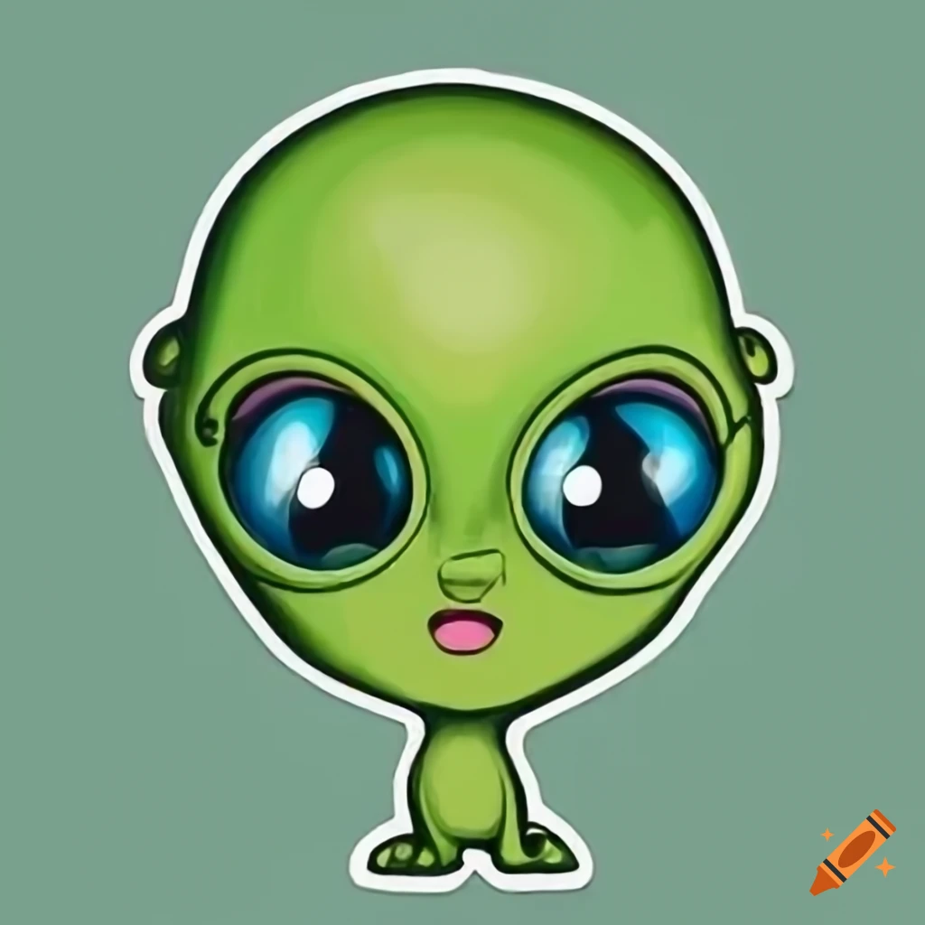Cute green alien with big eyes dancing in a sticker design on Craiyon