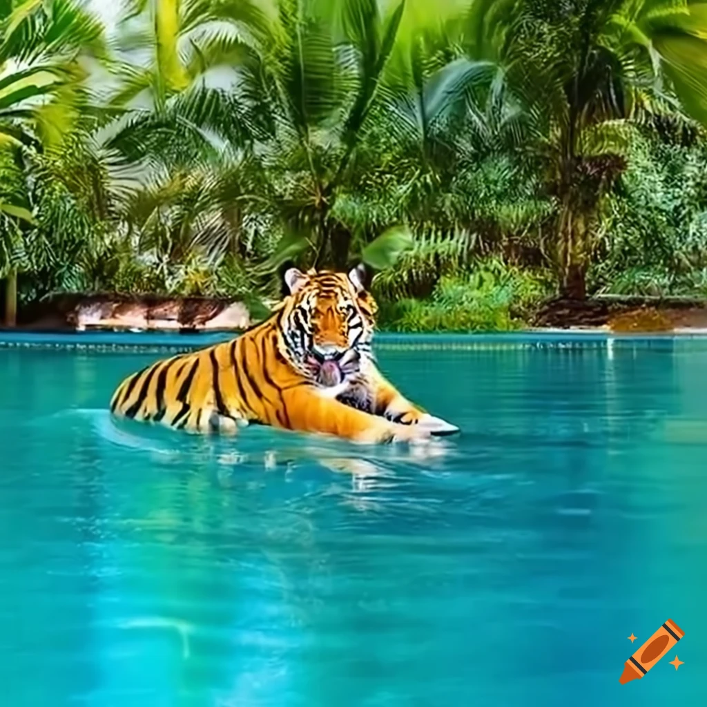 Tiger in rooftop pool with palm trees on Craiyon