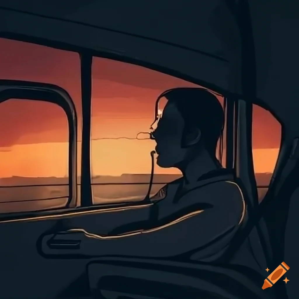 Commuter inside car enjoying sunrise before work on Craiyon