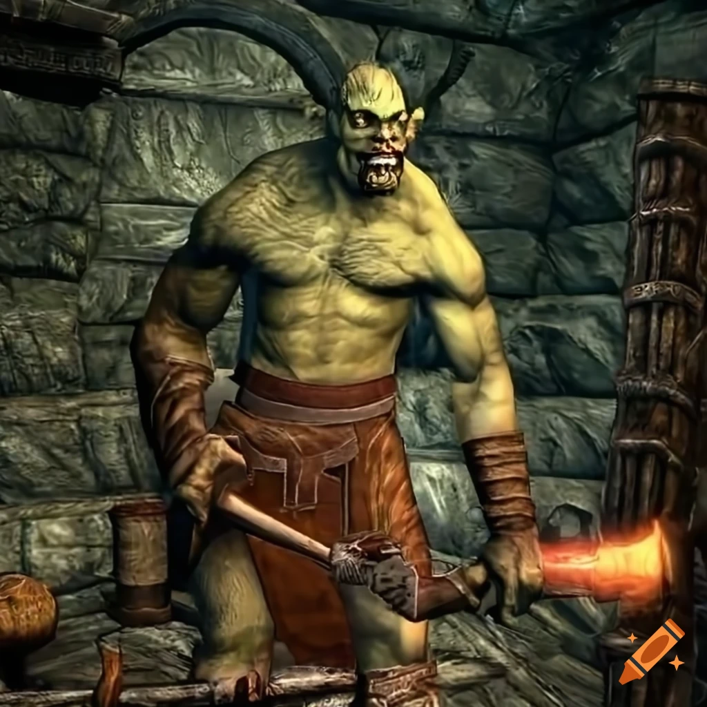 Muscular orc blacksmith forging weapons in a fantasy setting on Craiyon