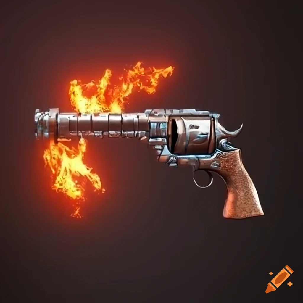 Intricate flaming revolver gun forged in hellfire on Craiyon