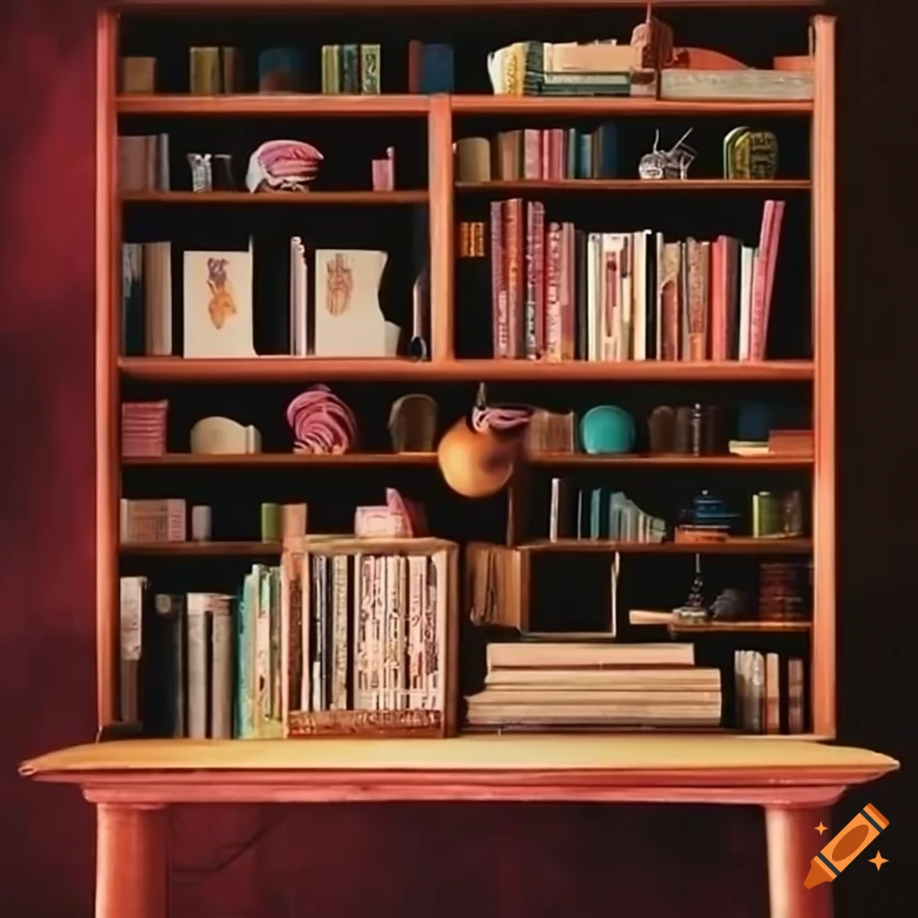 Maximalist boho bookshelf filled with books and curiosities on Craiyon