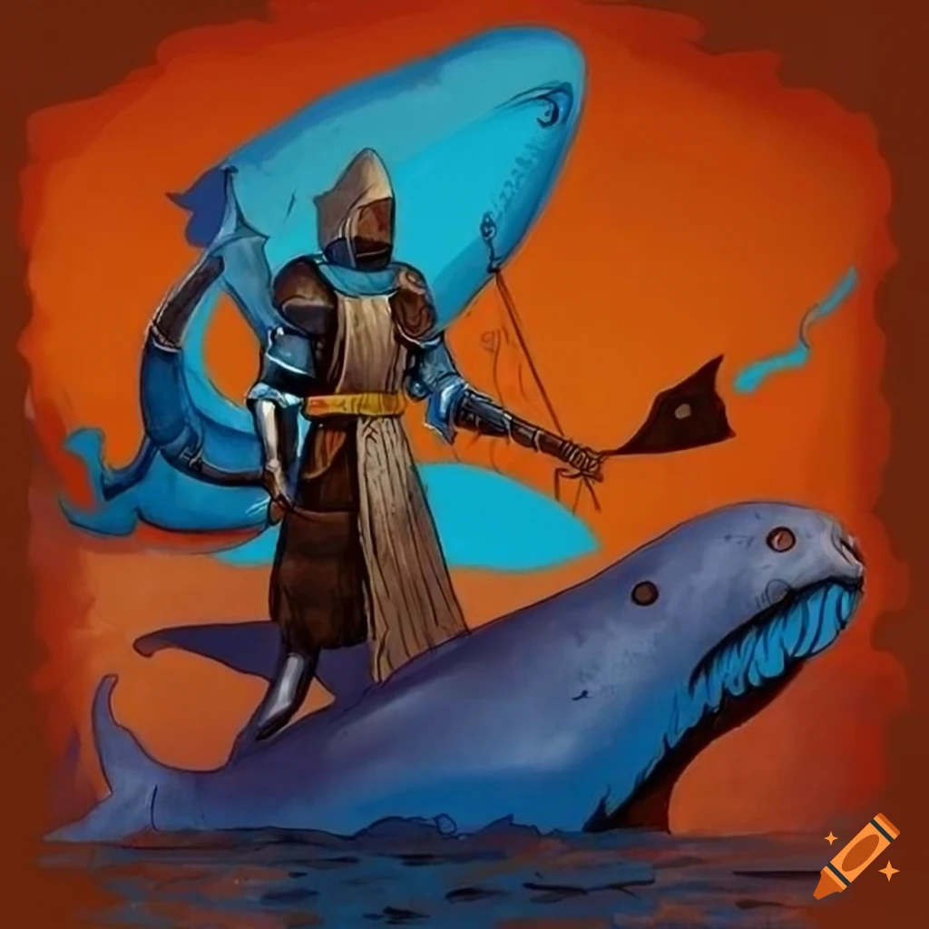 Medieval knight with a blue whale in jean giraud style on Craiyon