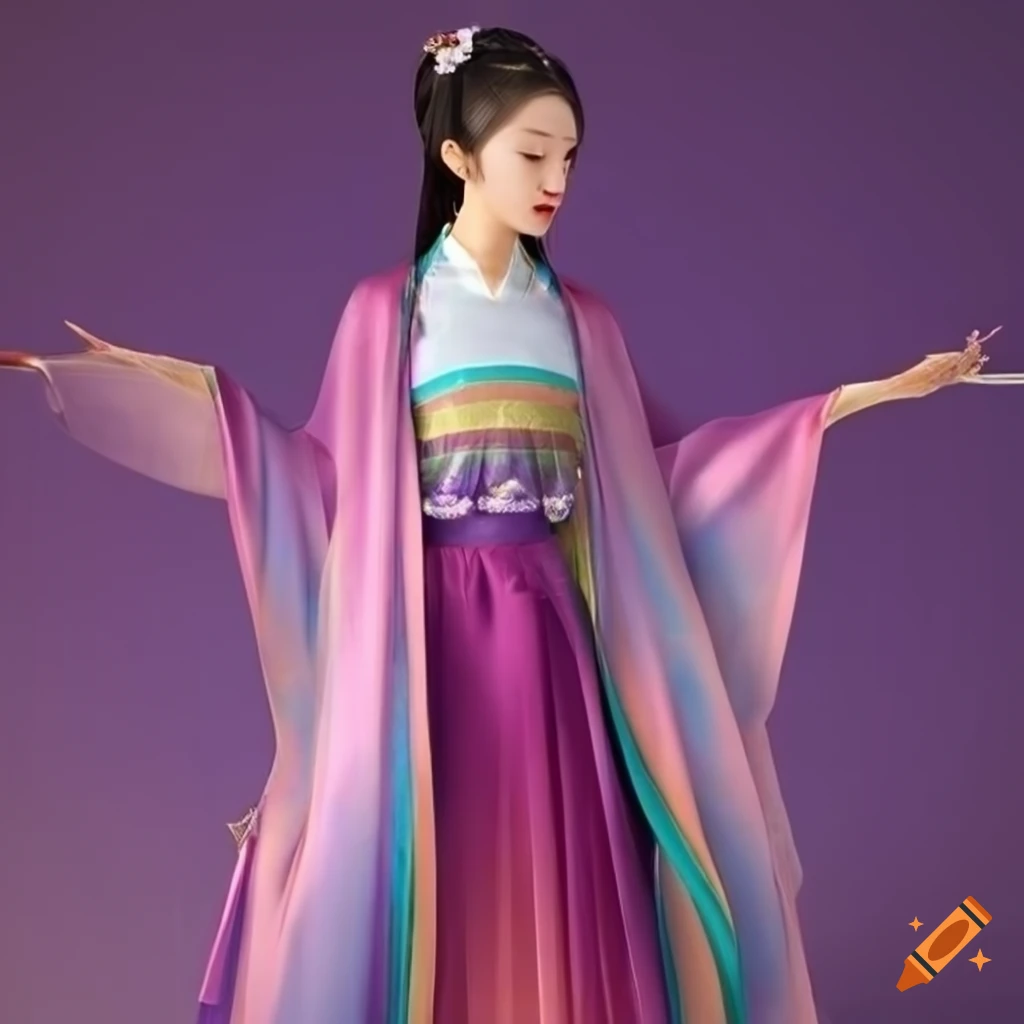 Intricate purple and rainbow silk Hanfu costume with detailed ...