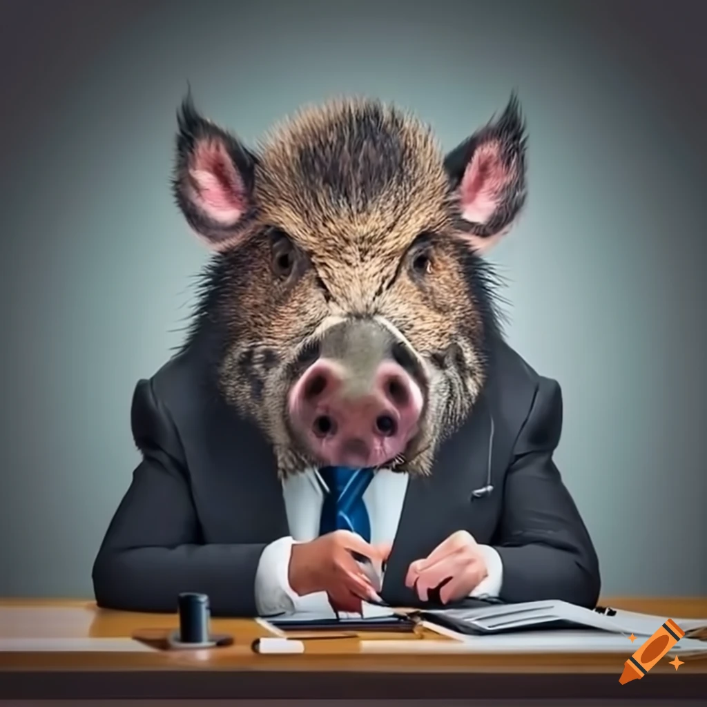 Boar in a suit working at an office desk on Craiyon