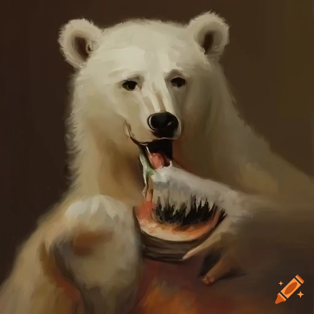 White bear eating in a classic painting on Craiyon