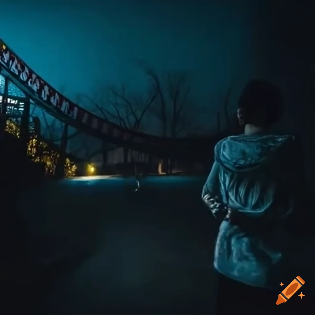 Intense chase scene in a horror amusement park on Craiyon