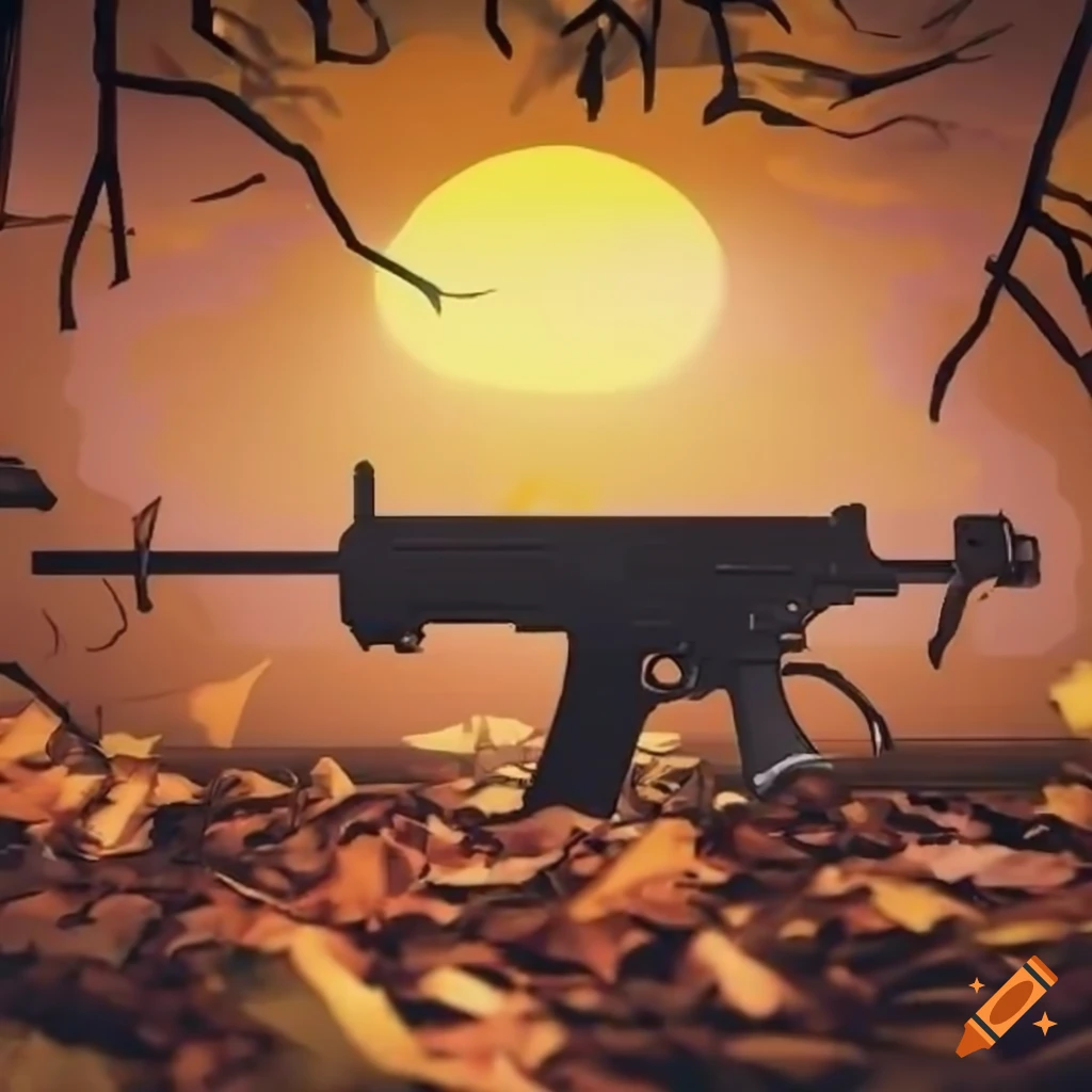 Gun among fallen leaves with a vibrant sunrise in roblox style on Craiyon