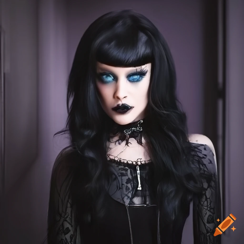 Elegant goth woman with striking blue eyes and wavy hair in a hallway ...