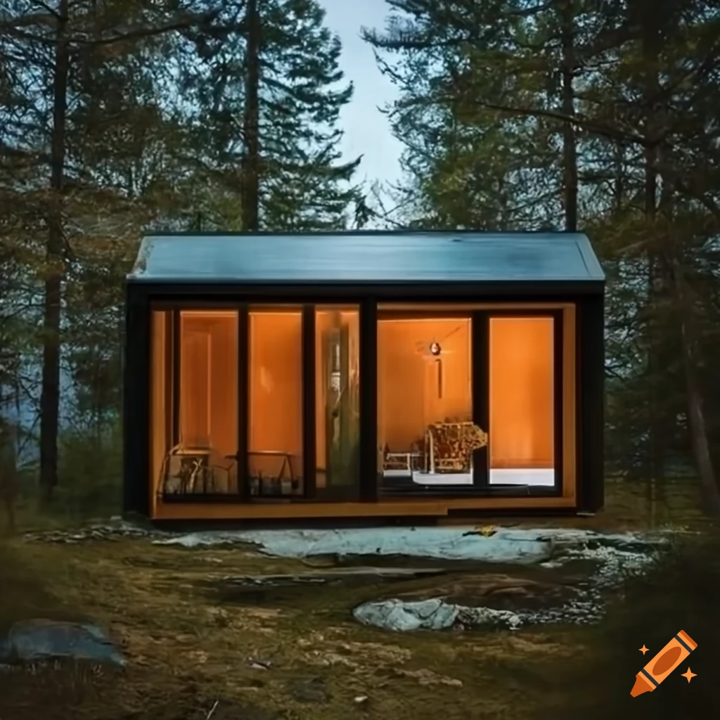 Nordic minimalist cabin with big glass windows surrounded by lush ...