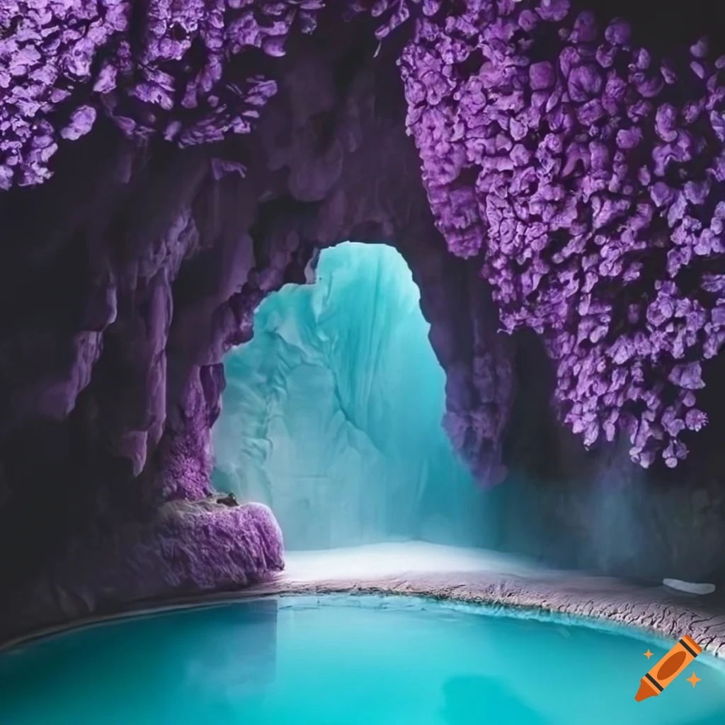 Cavern with hot natural pool and lilac flower on the walls on Craiyon