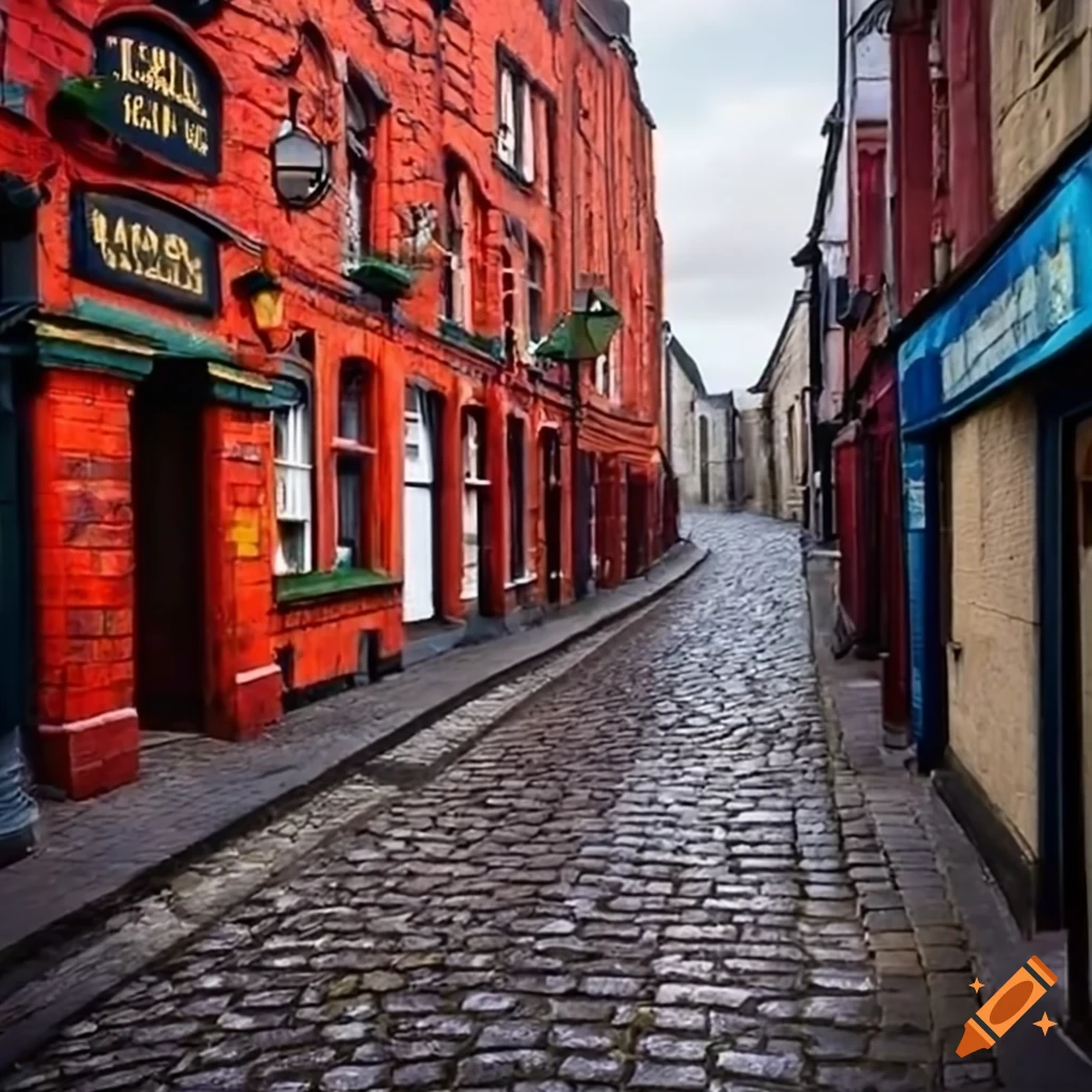 Traditional irish cobblestone streets with red-brick pubs on Craiyon