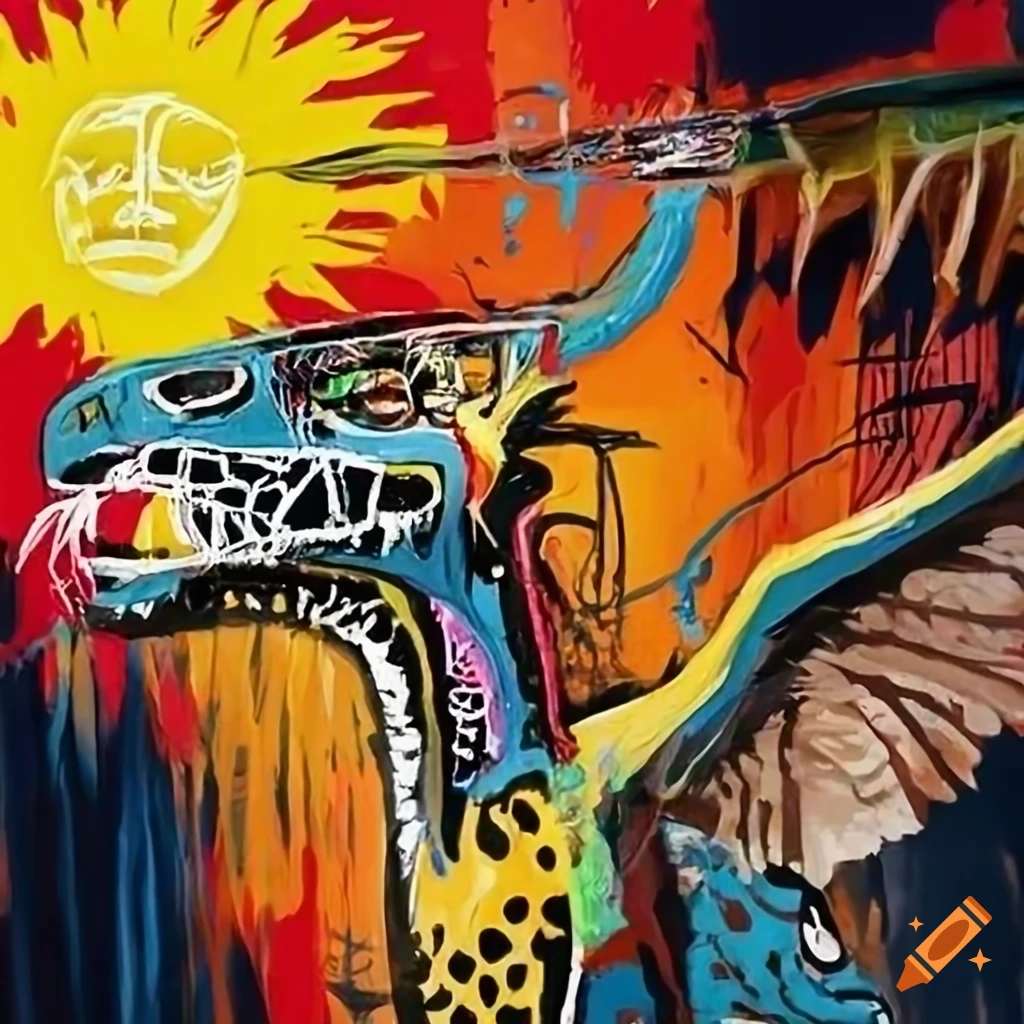 Basquiat painting of a flying jaguar sun dragon with jaguar skin and ...