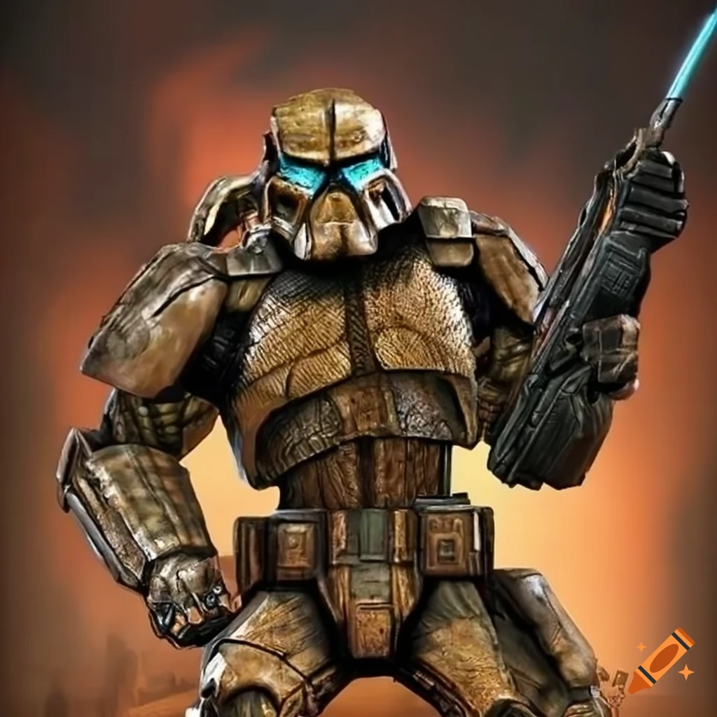 Quake 2 predator and trooper fused in bronze colors on Craiyon