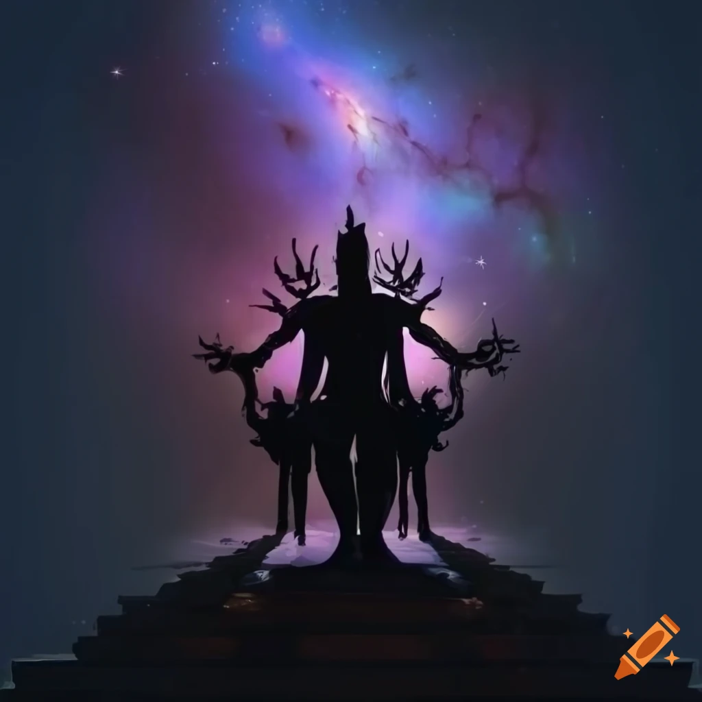 Galaxy with a shadowy human figure on a throne in the background on Craiyon