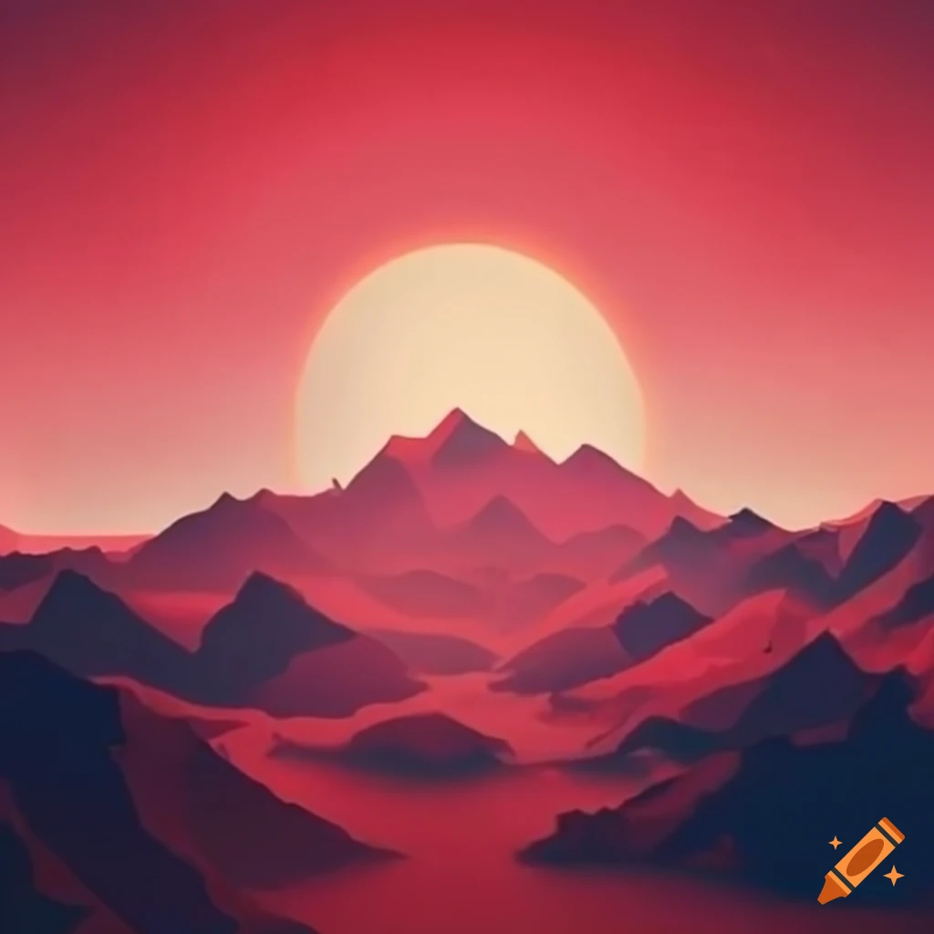 Movie poster with red sky, animated scenery with trees and mountains ...
