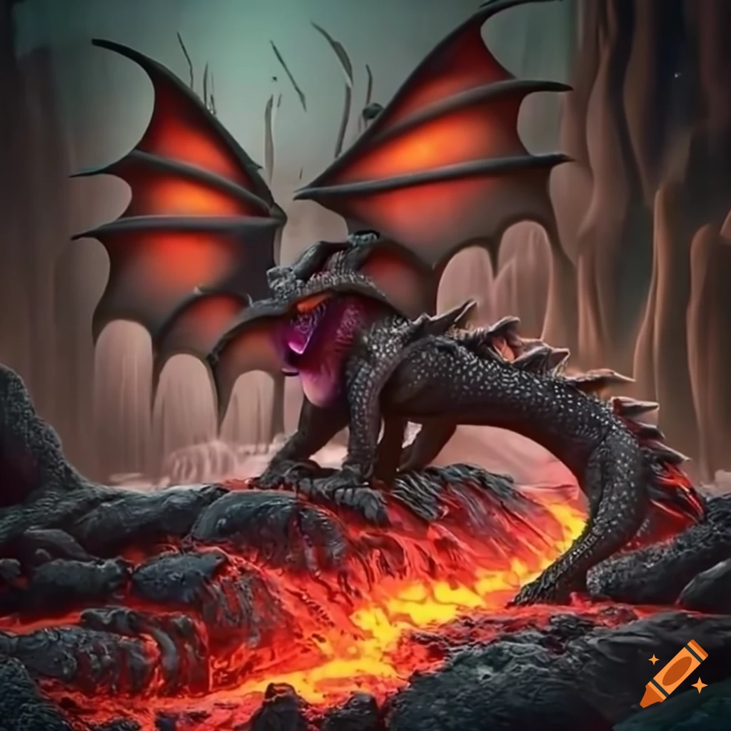 Magical forest with a baby dragon near a lava waterfall on Craiyon