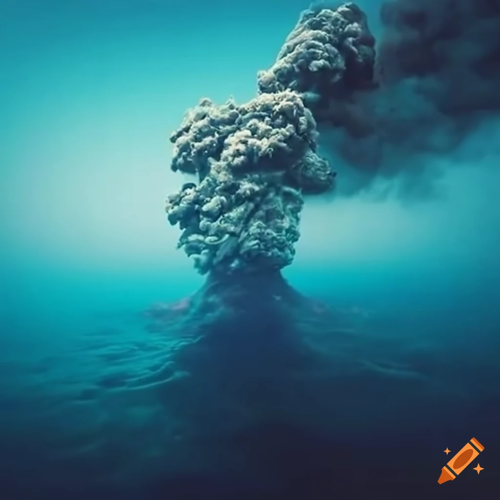 Underwater volcano erupting with ash and smoke in a tropical sea on Craiyon